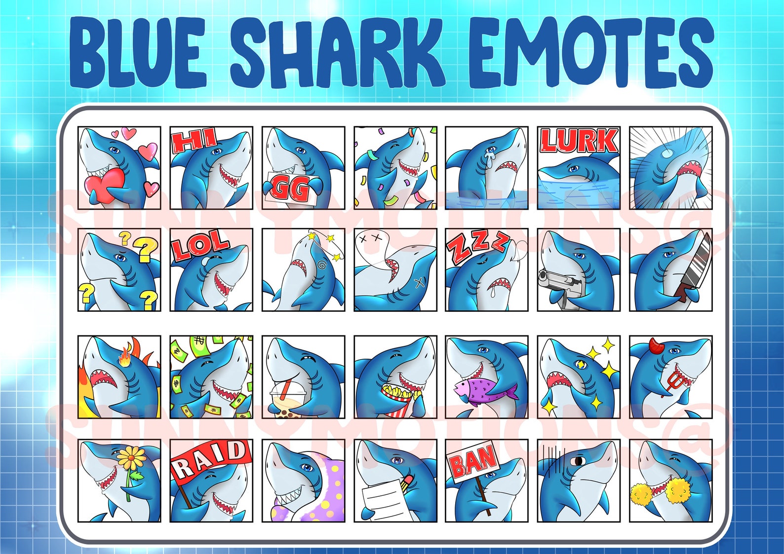 28 Twitch Discord Emotes Cute Blue Shark / Kawai Chibi Fish Emoji / Sea ...