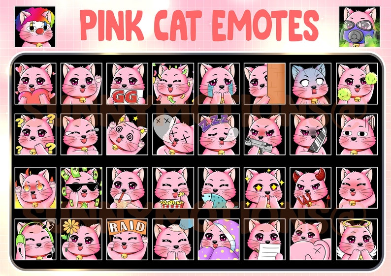 34x Cute Chibi Pink Cat Twitch Discord Emotes / Kawai Animal - Etsy