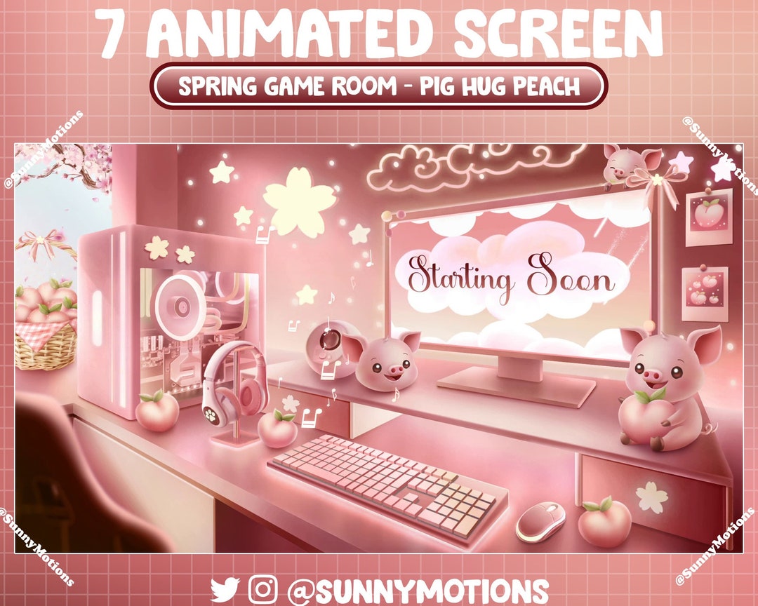 Animated Pink Peach Gaming Desk Twitch Screen Overlay, Peach Basket, Kawaii Pig Sakura, Spring ...