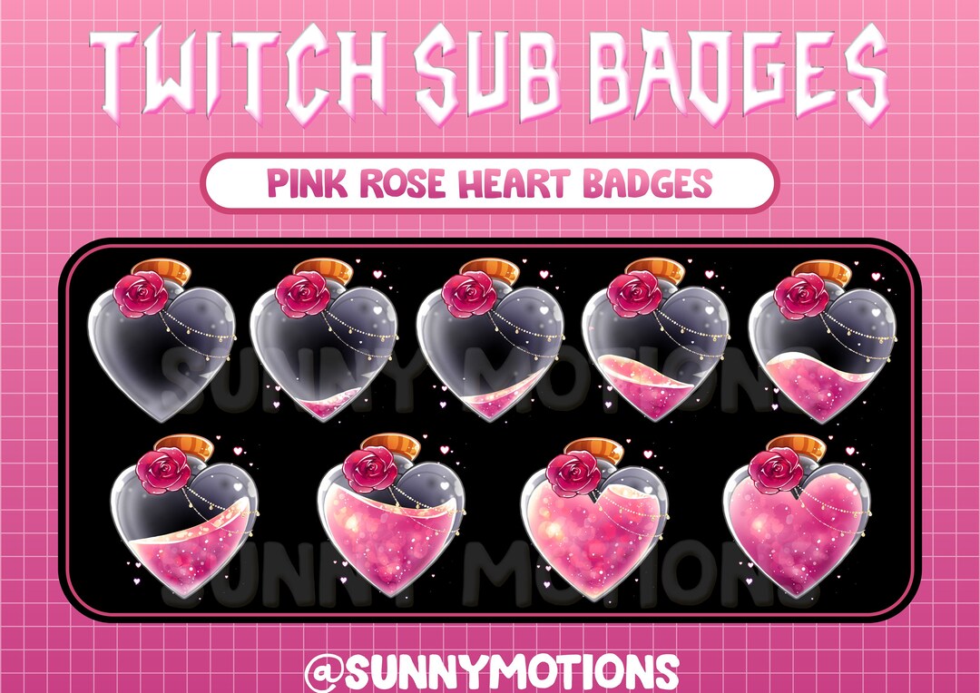 9 Pink Rose Liquid Heart Bottle Twitch Cheer Sub Bit Badges / Cute ...