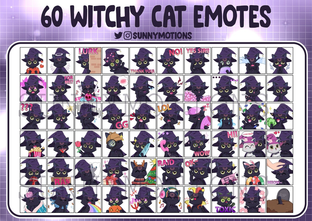 60x Cute Purple Witchy Cat Twitch Emotes Bundle, Discord, Streamer ...