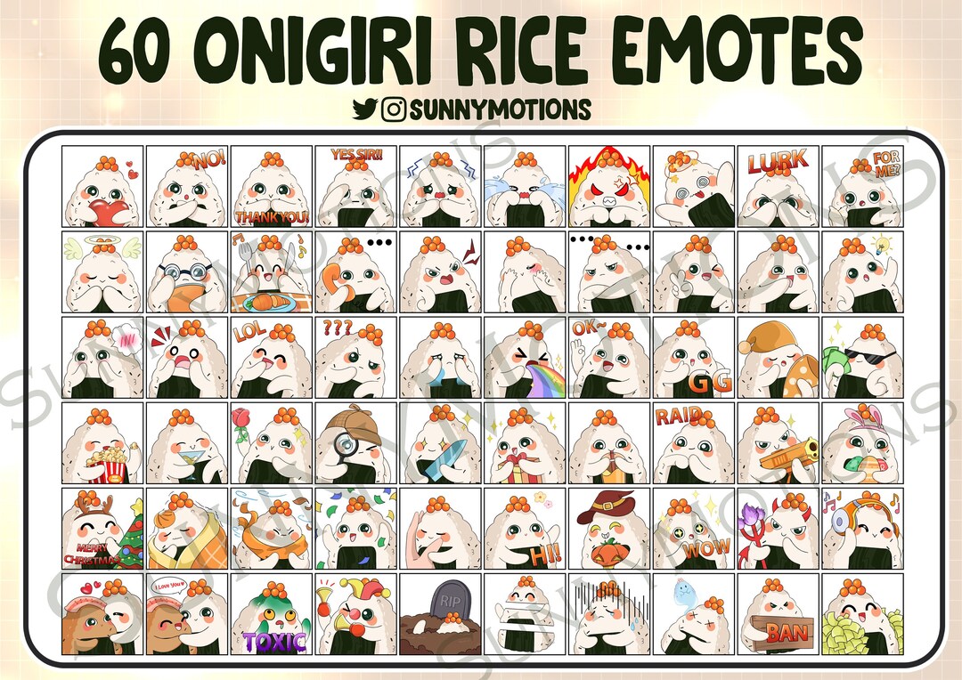 60x Cute Chibi Onigiri Rice Twitch Discord Mixer Youtube Emotes, Kawai ...
