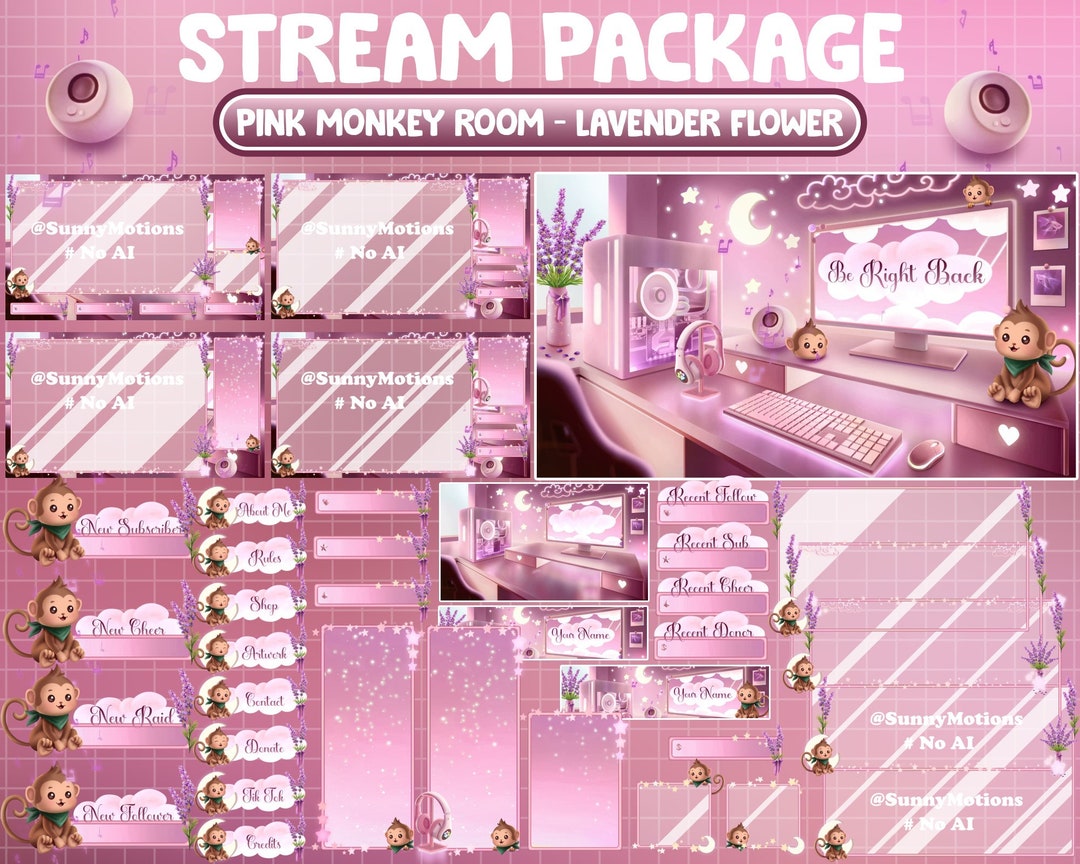 ANIMATED Twitch Overlay Stream Package: Lo-fi Aesthetic Pink Monkey ...