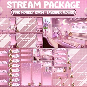 ANIMATED Twitch Overlay Stream Package: Lo-fi Aesthetic Pink Monkey ...