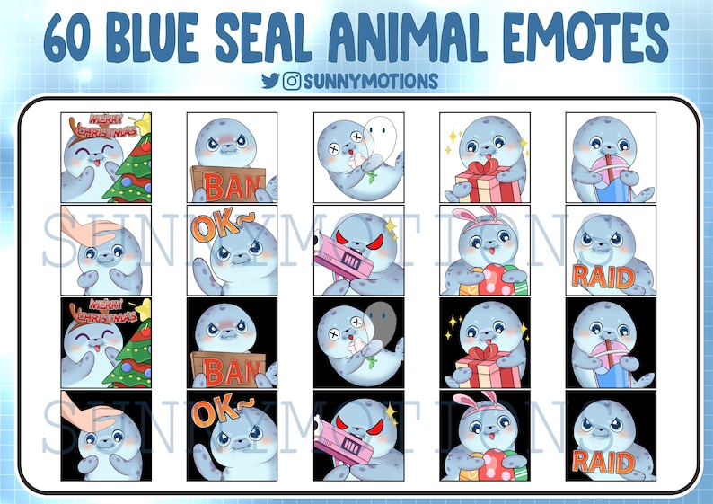 60 Cute Blue Seal Sea Animal Twitch Emotes Bundle, Discord, Streamer ...
