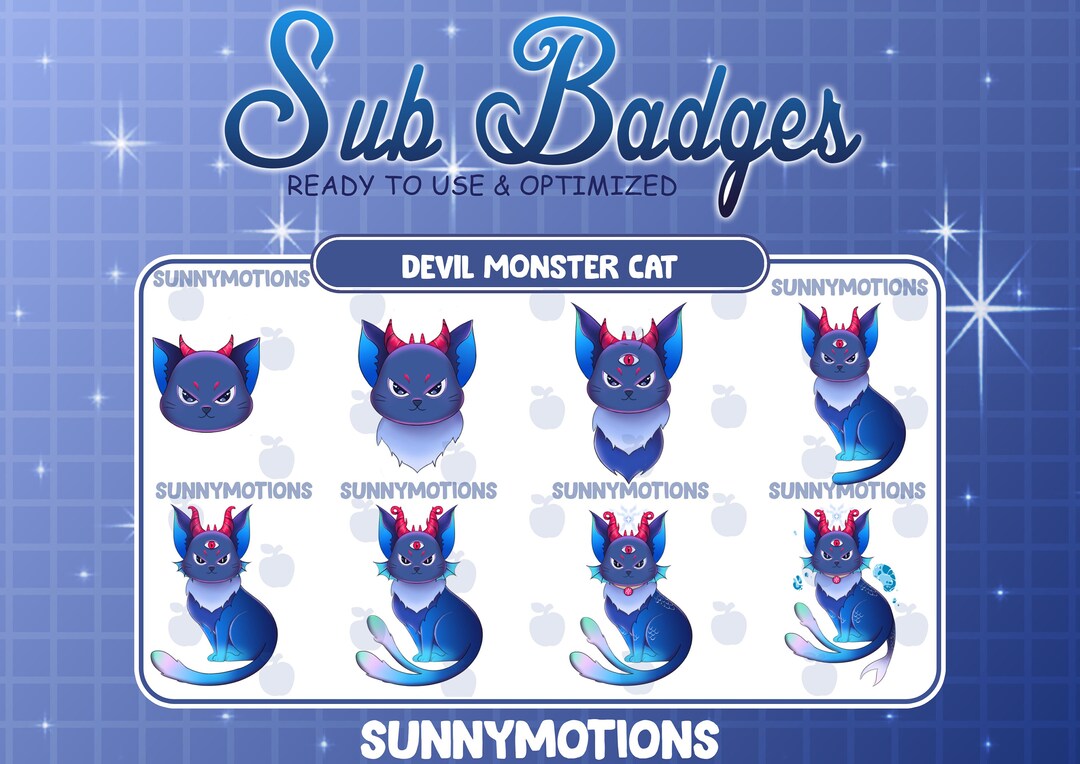 8x Monster Cat Twitch Sub Bit Badges / Scary Ghost Fish Cat / Blue ...