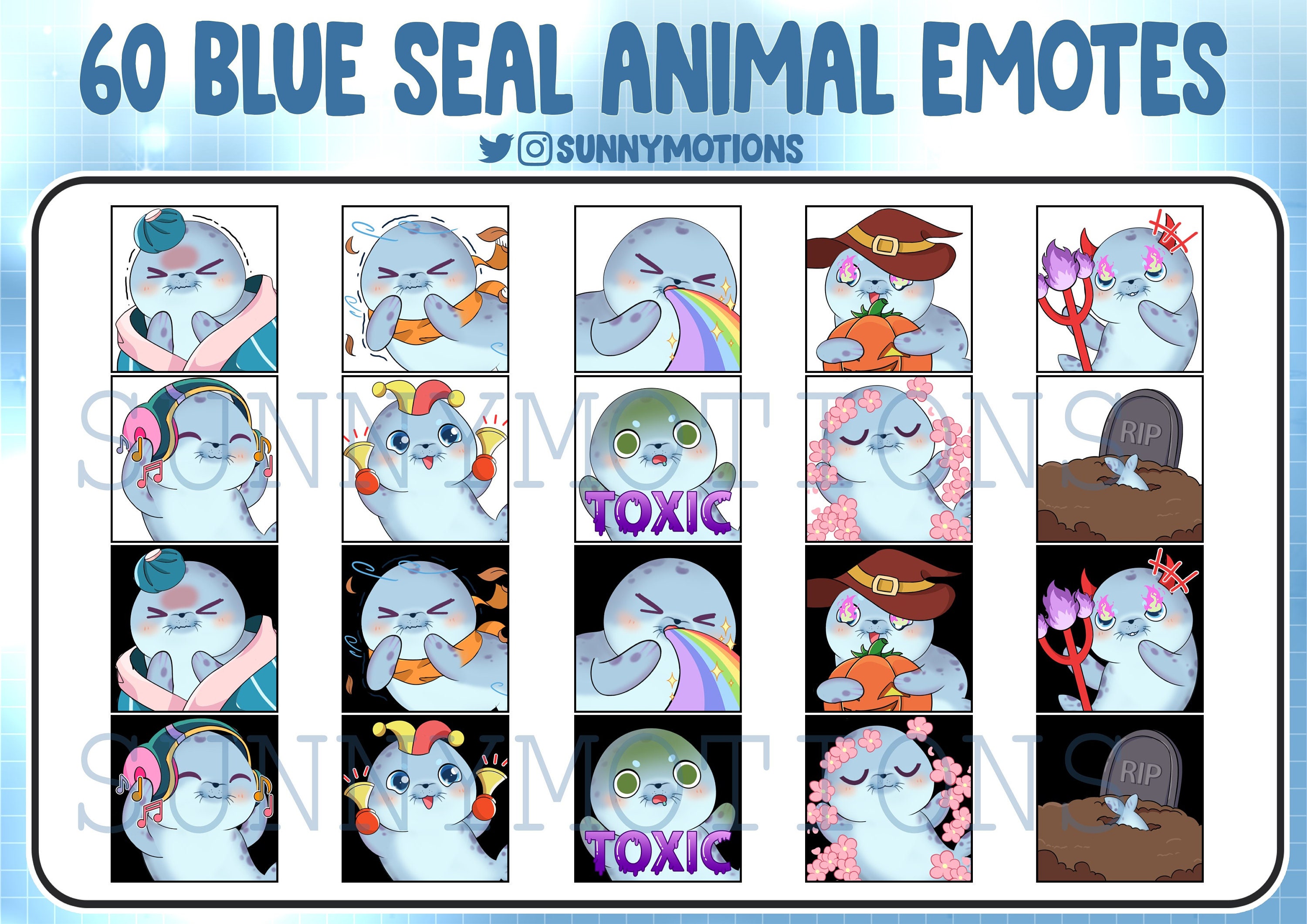60 Cute Blue Seal Sea Animal Twitch Emotes Bundle, Discord, Streamer ...
