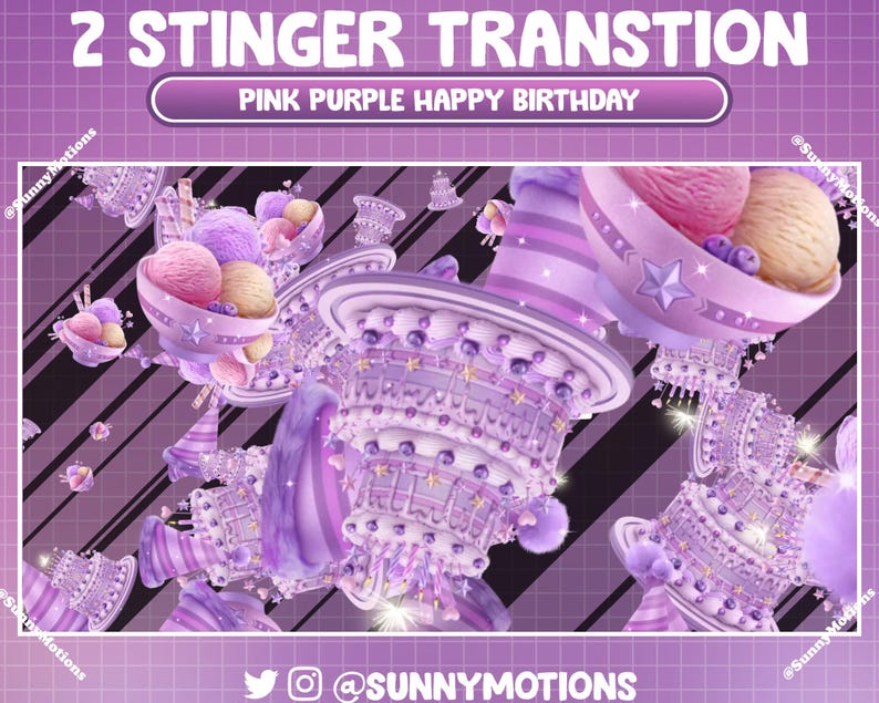 2 Animated Stream Stinger Transition: Pink Purple Happy Birthday Cake ...