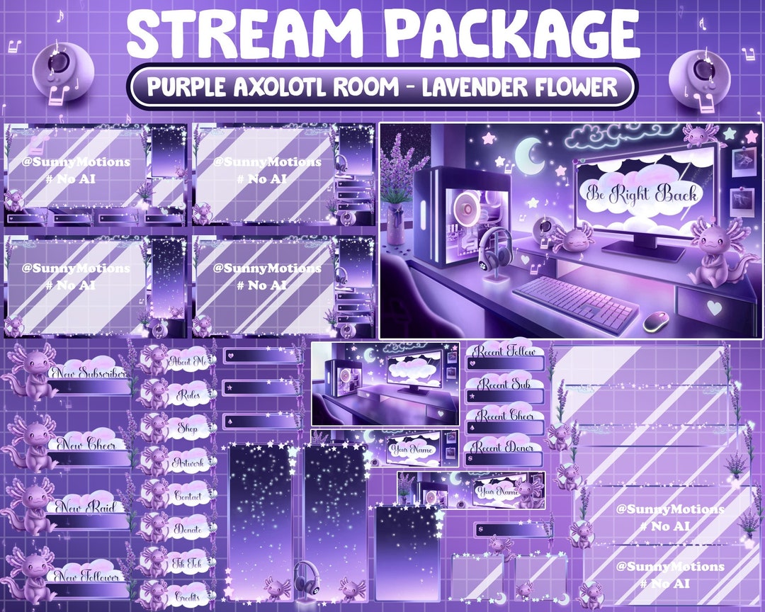 ANIMATED Twitch Overlay Stream Package: Lo-fi Aesthetic Purple Axolotl ...