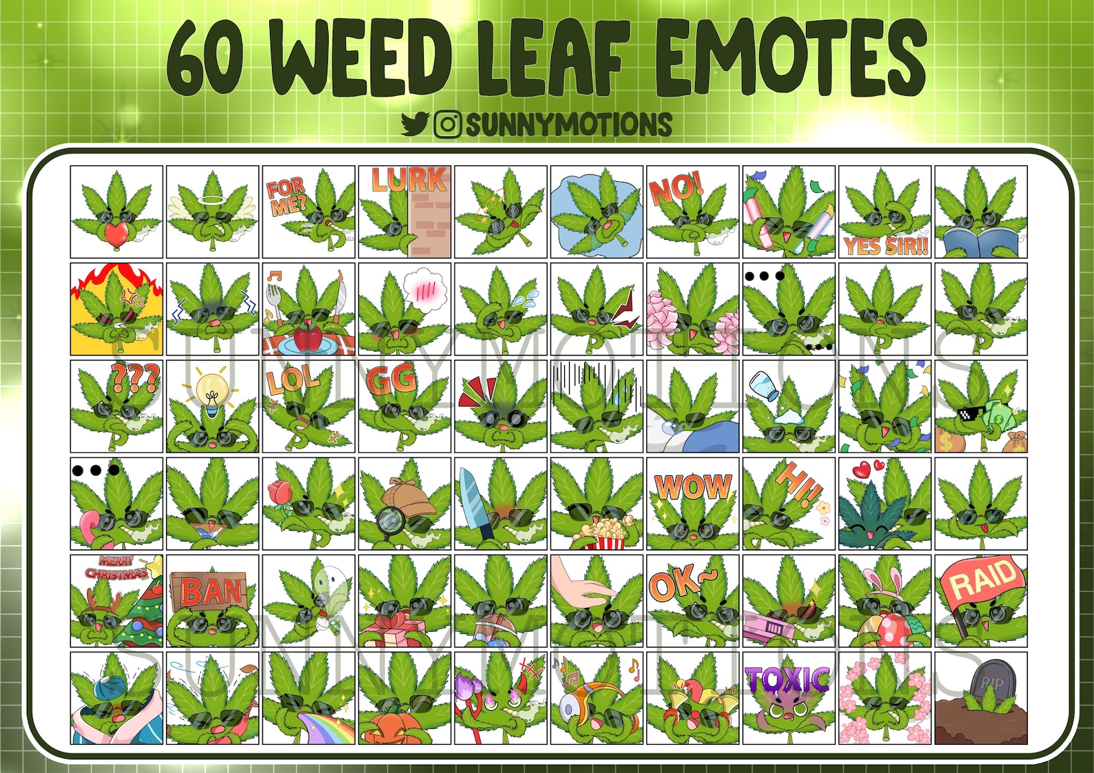 Cute Green Weed Leaf Twitch Emotes, Discord, Streamer, Kawai Marijuana ...