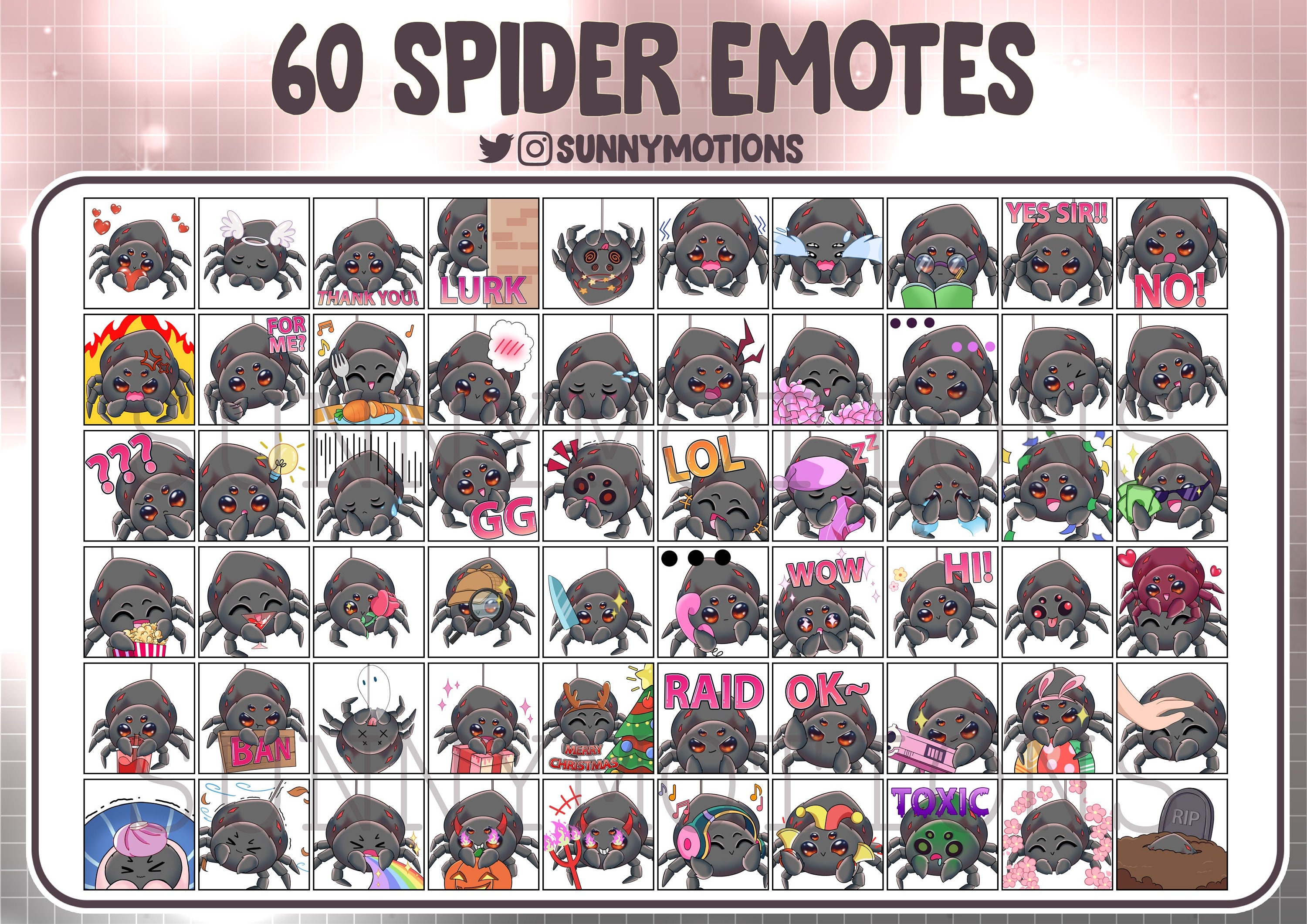 60 Cute Spider Twitch Emotes Bundle, Discord, Streamer, Kawai Halloween ...