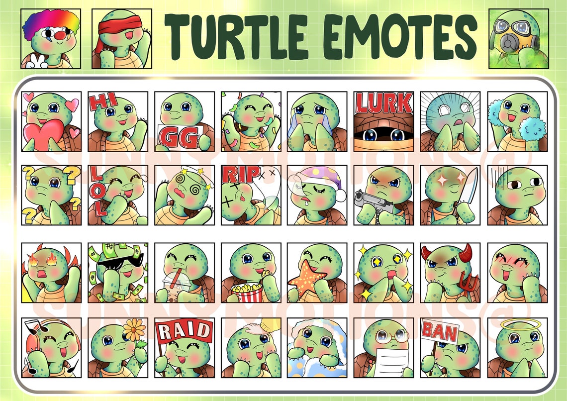 Green Turtle Twitch Discord Mixer Youtube Emotes / Kawai - Etsy