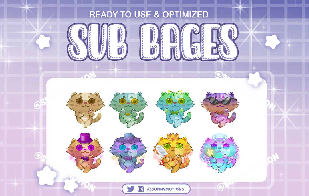 8 Neon Cartoon Cat Stream Sub Bit Badges, Cute Kitten Emote Badge for ...