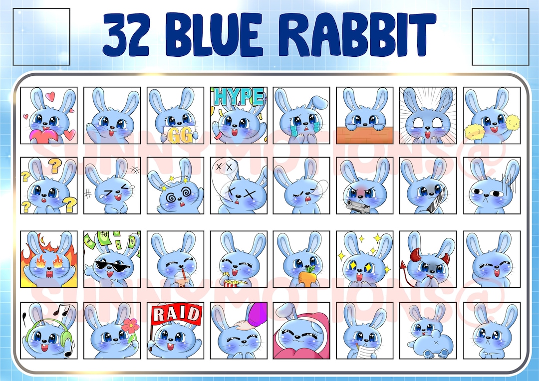 32 Cute Blue Rabbit Twitch Discord Emotes / Kawai Animal Emoji ...