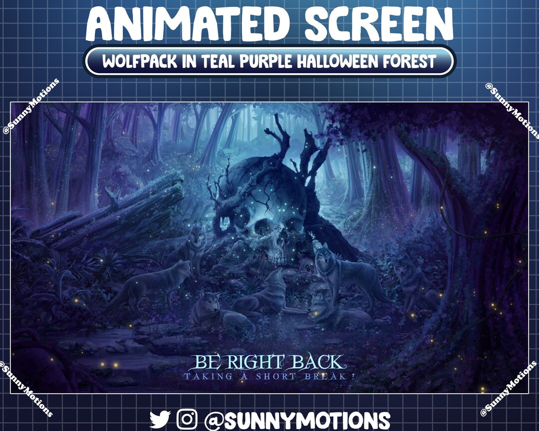 ANIMATED Stream Screen: Wolfpack Protect Skull in Teal Purple Halloween Forest, Aesthetic Wolf ...