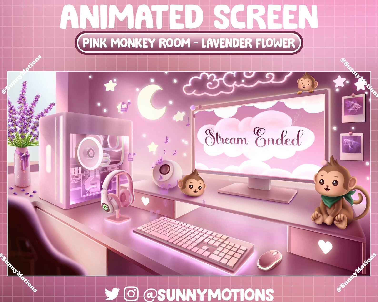 ANIMATED Twitch Overlay Stream Package: Lo-fi Aesthetic Pink Monkey ...