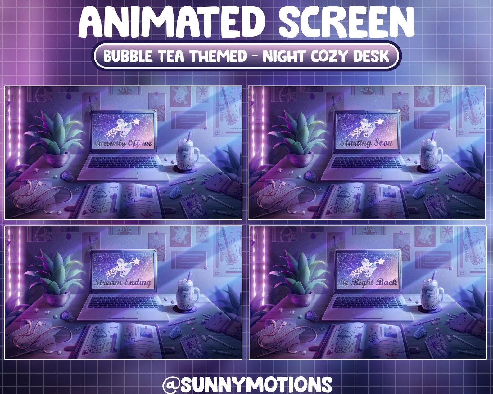 Animated Twitch Stream Package Overlay / Blue Purple Boba Bubble Tea ...