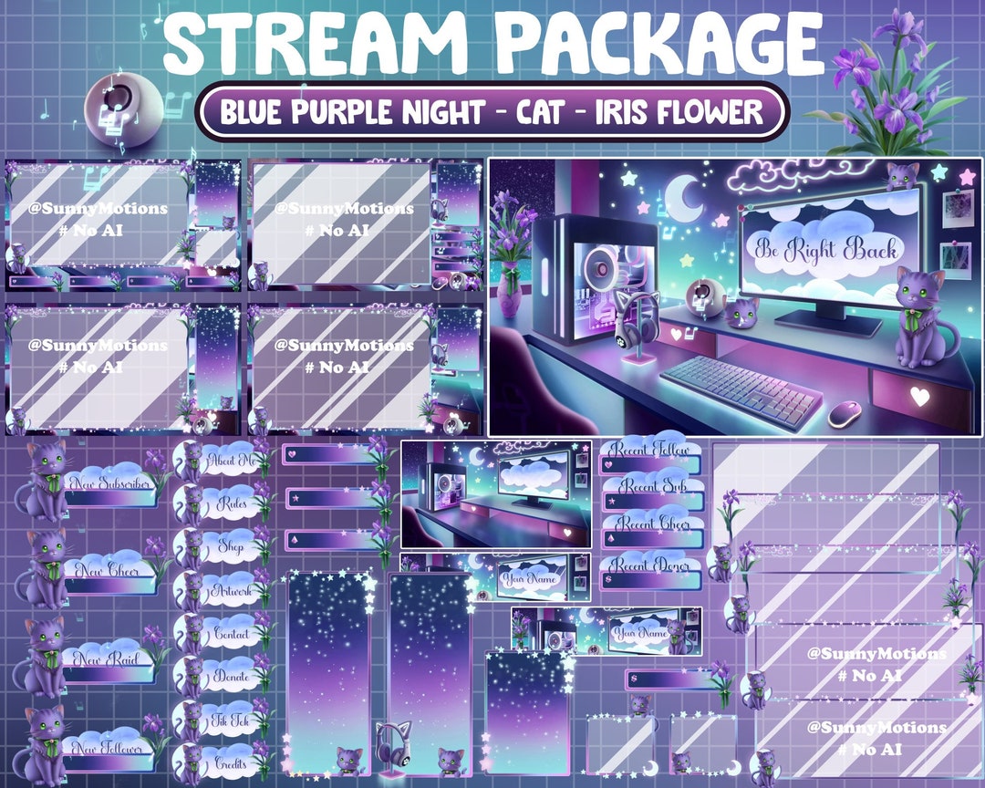 ANIMATED Twitch Overlay Stream Package: Lo-fi Vibe Aesthetic Neon Blue ...