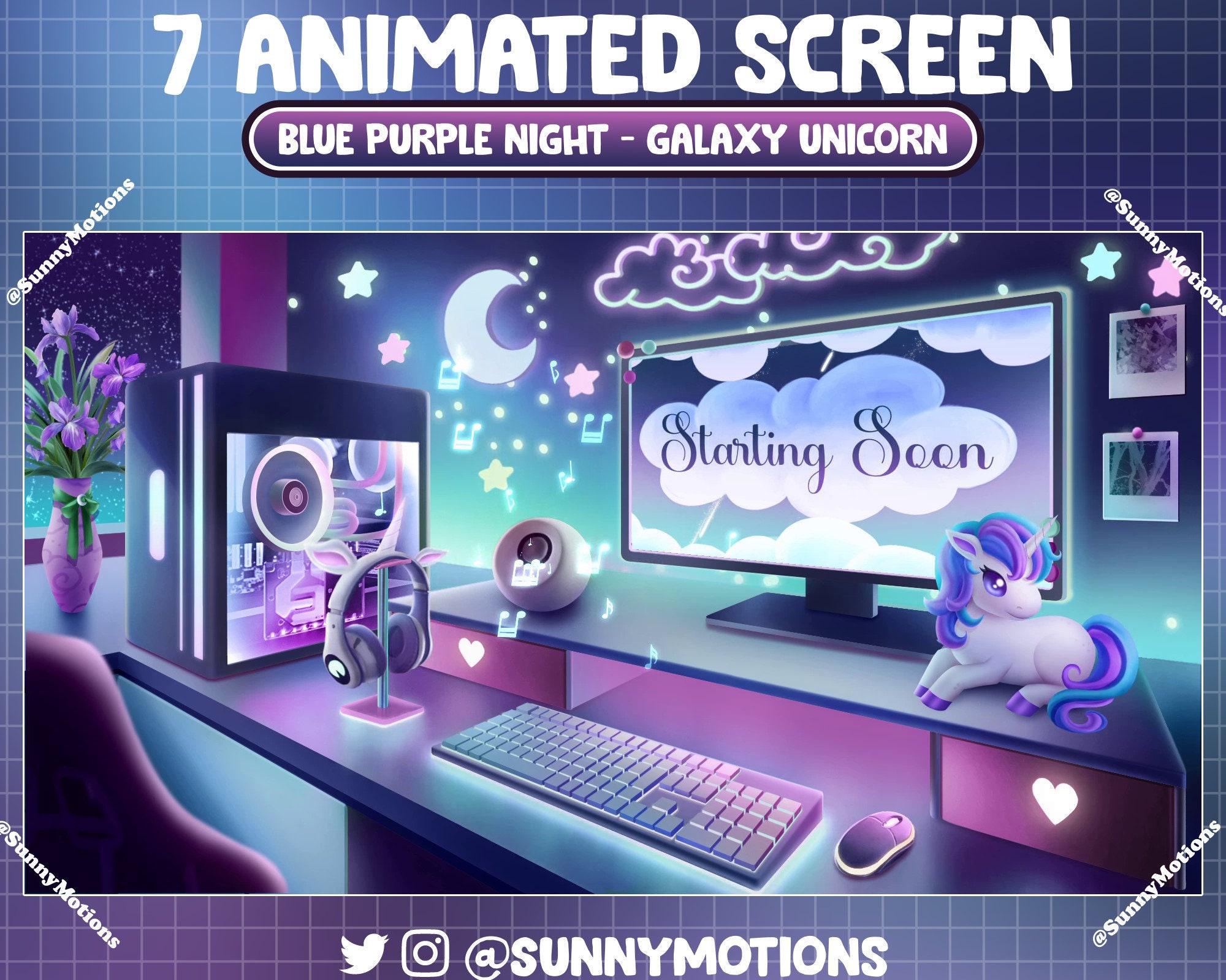 Animated Lo-fi Blue Purple Galaxy Unicorn Room Twitch Screen Overlay ...