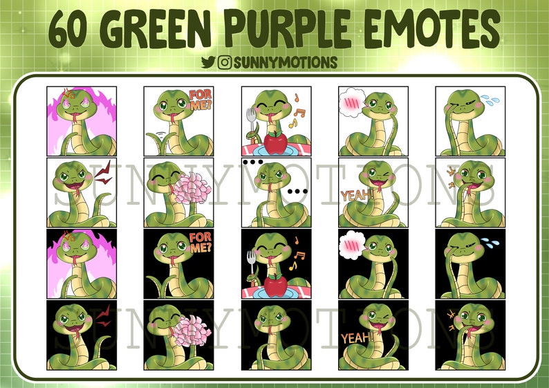 60x Cute Green Snake Twitch Emotes Bundle, Discord, Kawaii Snakes ...