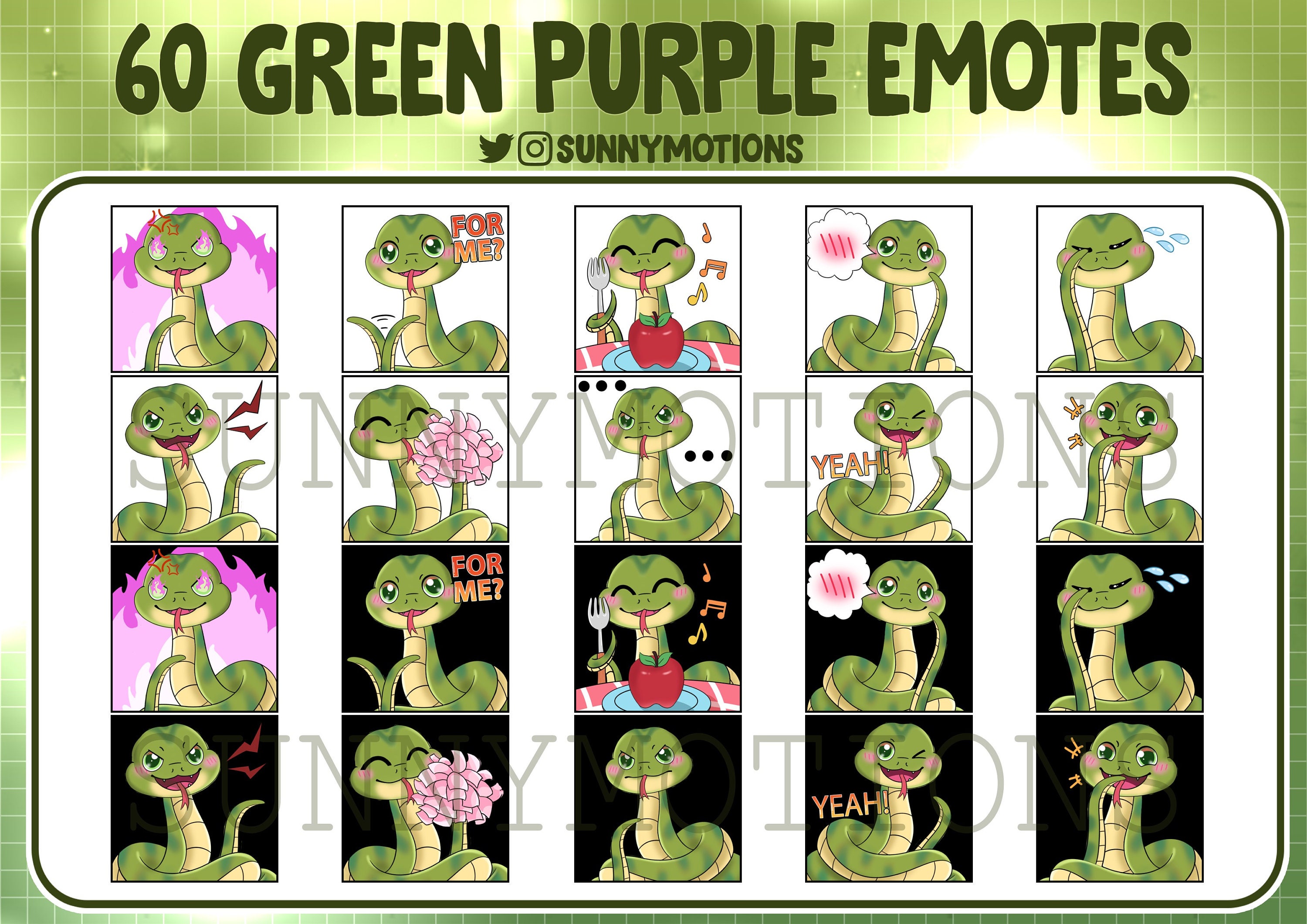 60x Cute Green Snake Twitch Emotes Bundle, Discord, Kawaii Snakes ...