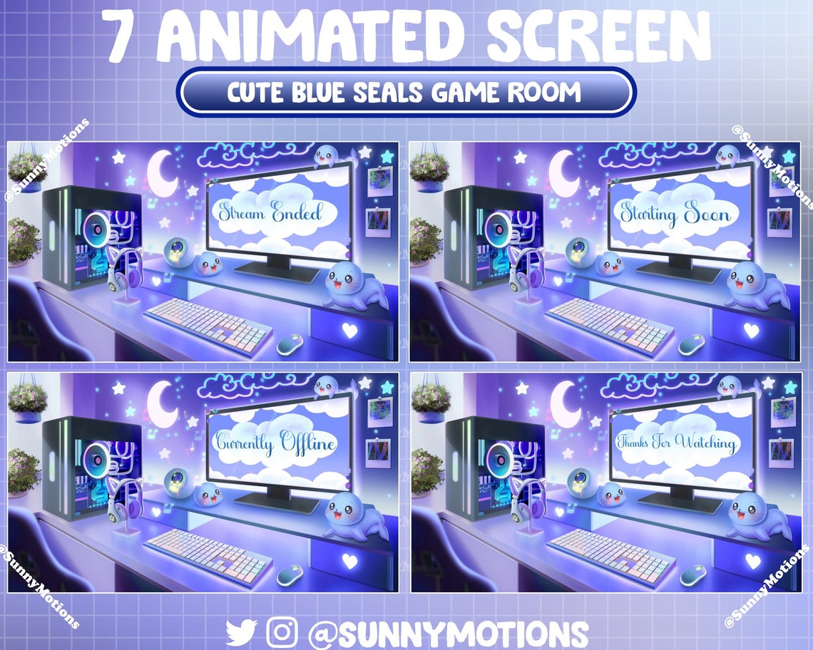 7 Animated Lo-fi Blue Seals Animal Twitch Screen Overlay, Kawaii Baby ...