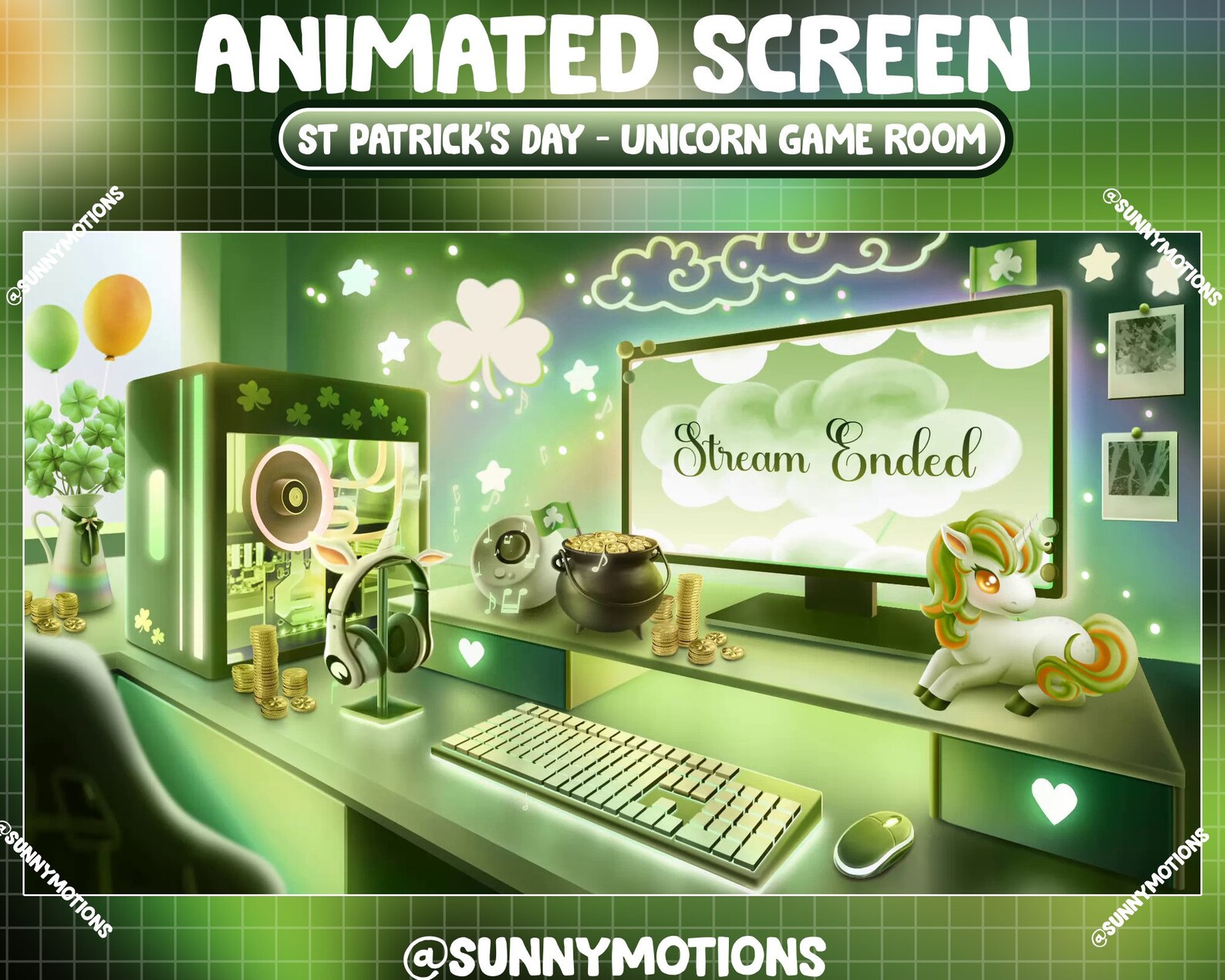 ANIMATED Twitch Overlay Stream Package: Aesthetic Green Orange Unicorn ...