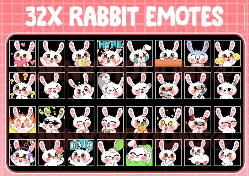 32 Cute Kawaii Rabbit Twitch Discord Emotes / Kawai Animal Emoji ...