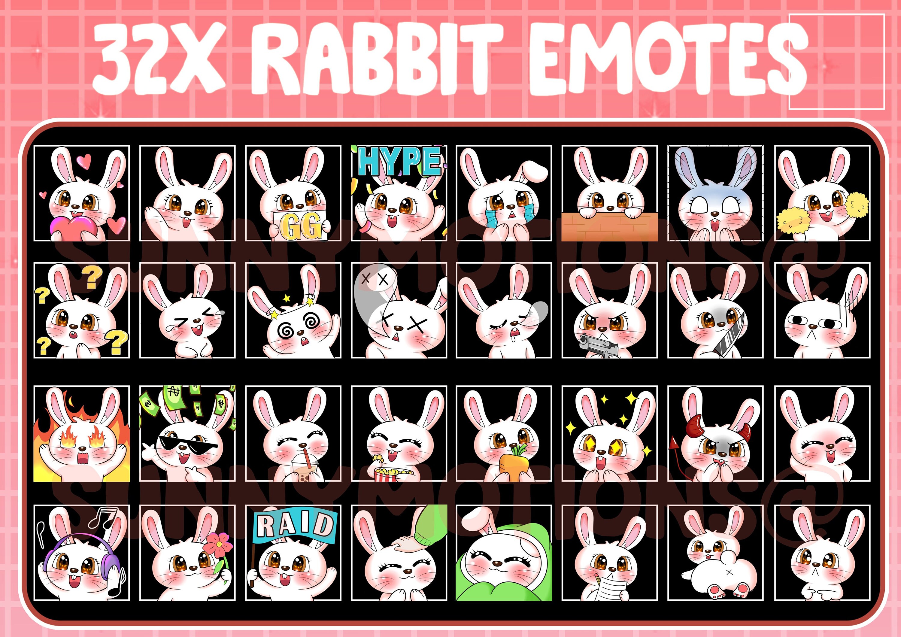 32 Cute Kawaii Rabbit Twitch Discord Emotes / Kawai Animal Emoji ...