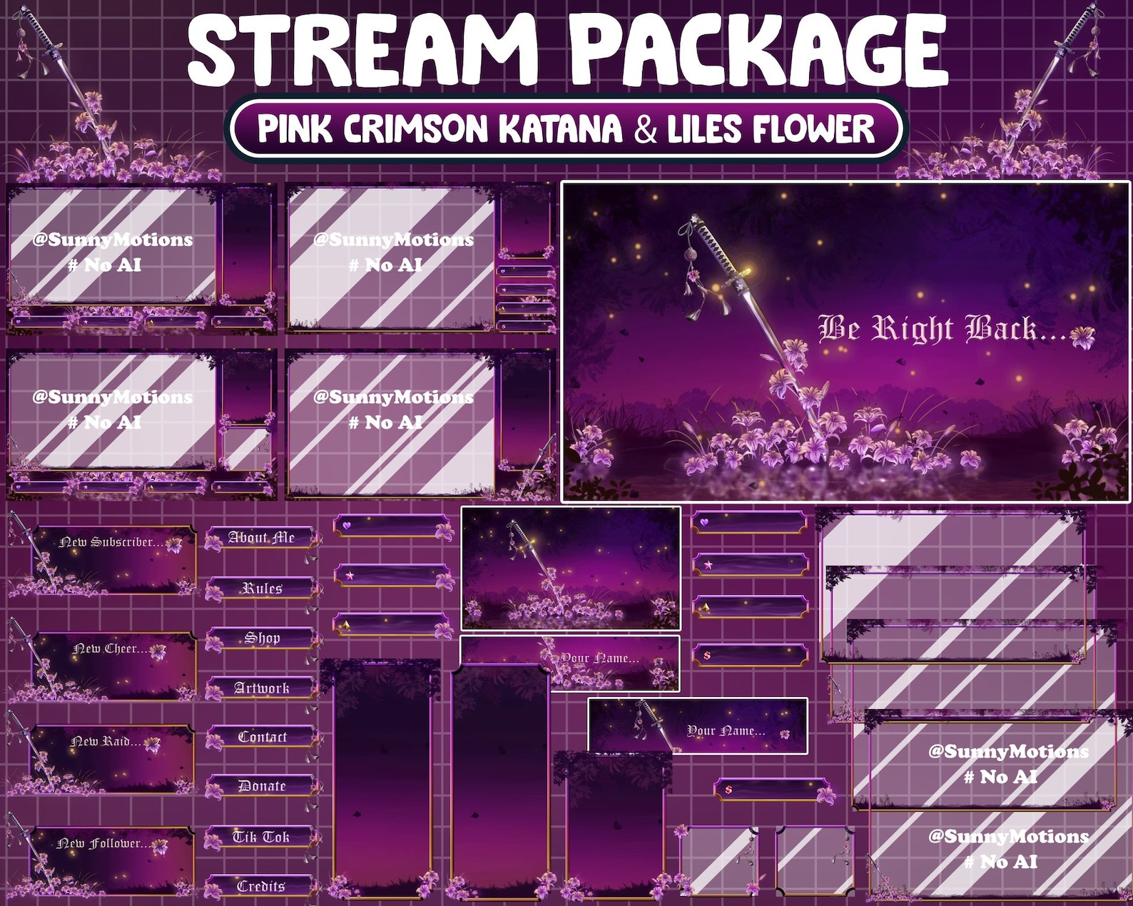ANIMATED Twitch Overlay Stream Package: Pink Yellow Katana & Lilies ...
