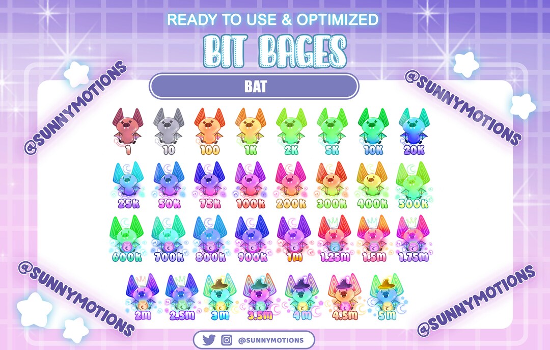 31 Colorful Neon Bats Number Twitch Bit Badges, Rainbow Witchy Bat ...