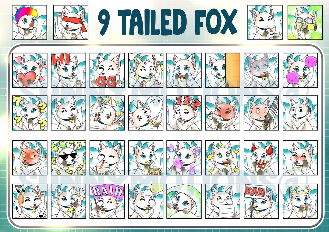 36x Cute Chibi White Blue Turquoise Fox Twitch Discord Emotes, Kawai ...