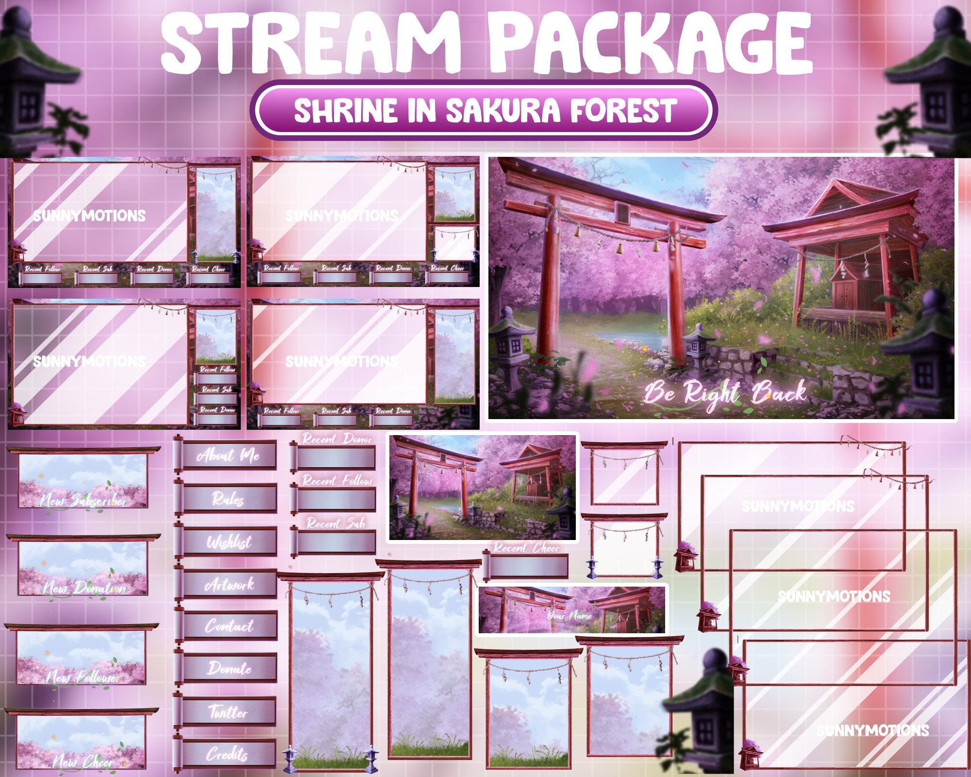 Animated Twitch Stream Package Overlay: Shrine Day in Spring Sakura ...