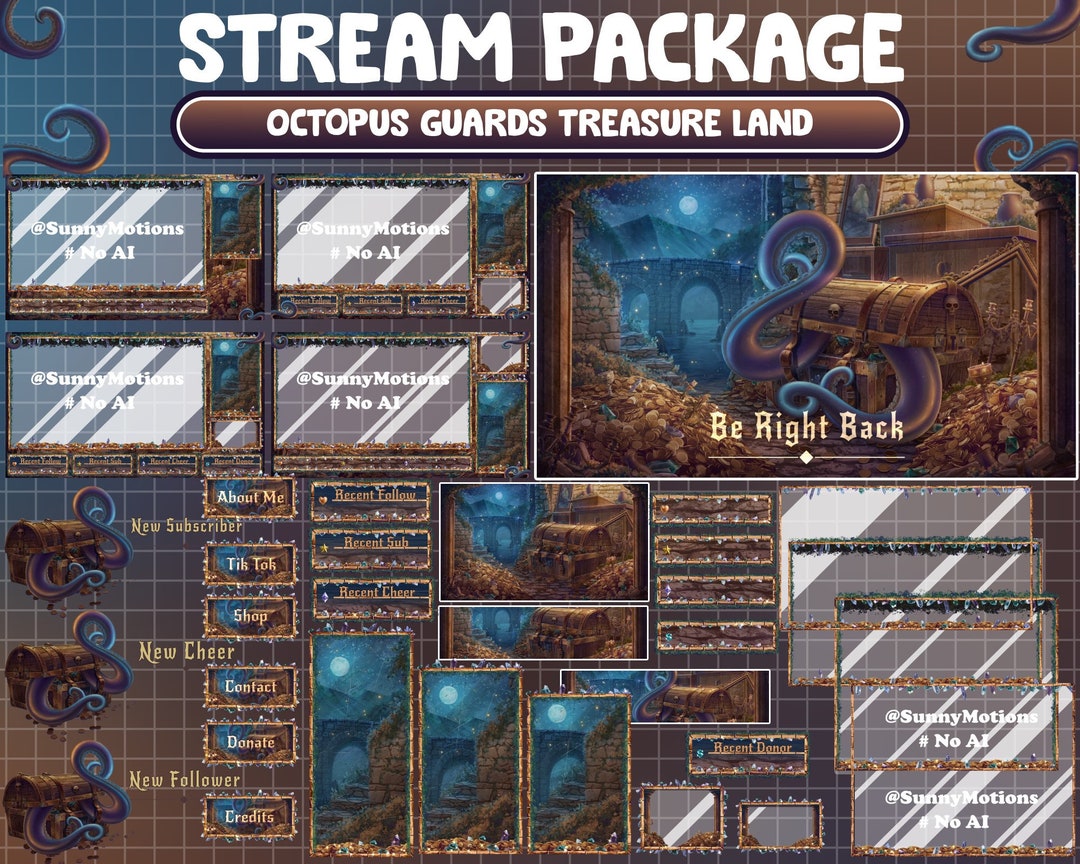 ANIMATED Stream Package: Purple Blue Octopus Guards Treasure Chest ...