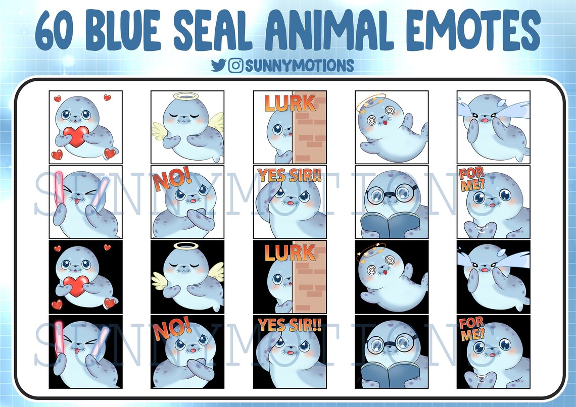 60 Cute Blue Seal Sea Animal Twitch Emotes Bundle, Discord, Streamer ...