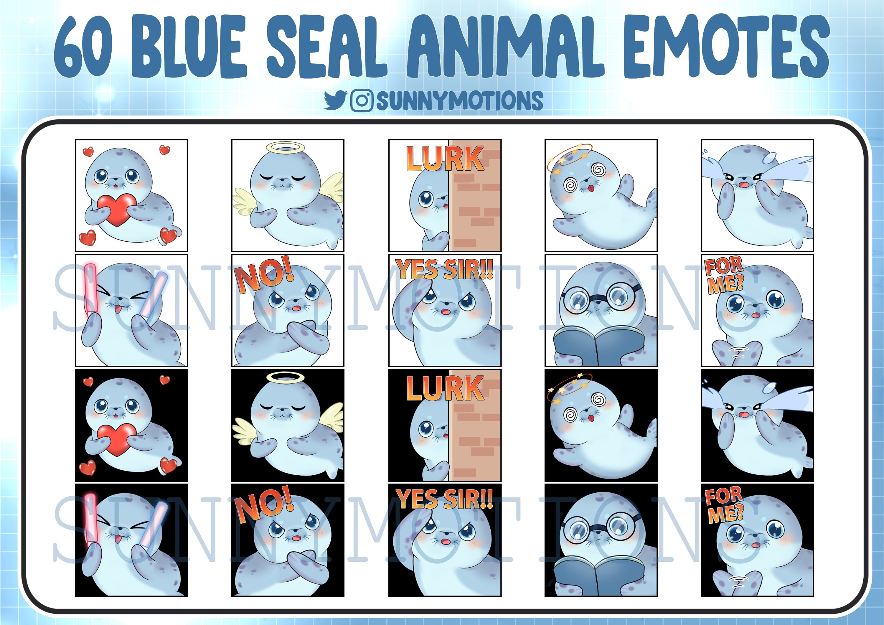60 Cute Blue Seal Sea Animal Twitch Emotes Bundle, Discord, Streamer ...