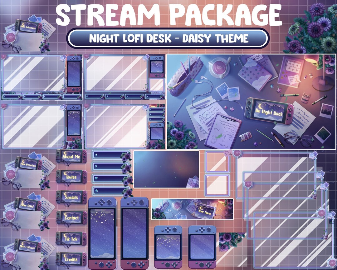 Animated Twitch Stream Package Overlay / Retro Lofi Desk Night / Cozy ...