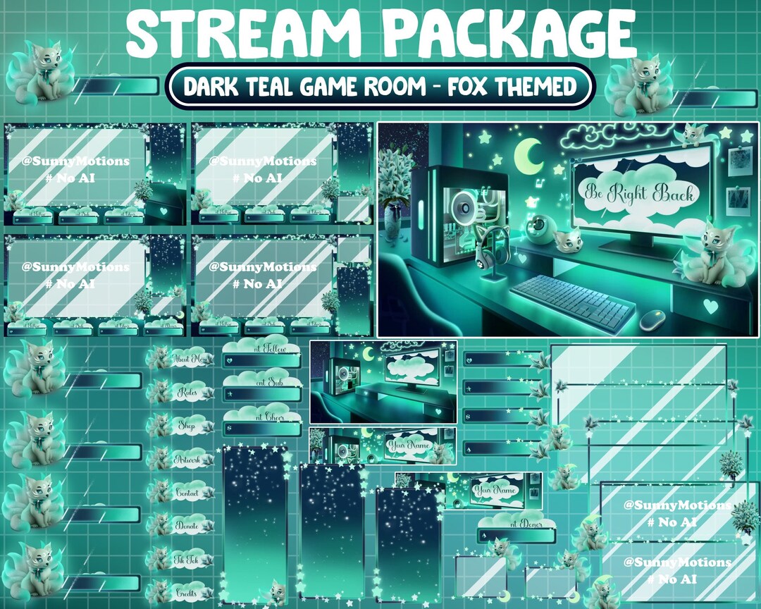 ANIMATED Twitch Overlay Stream Package: Witchy Teal Nine Tailed Fox - Lily Flower Game Room ...