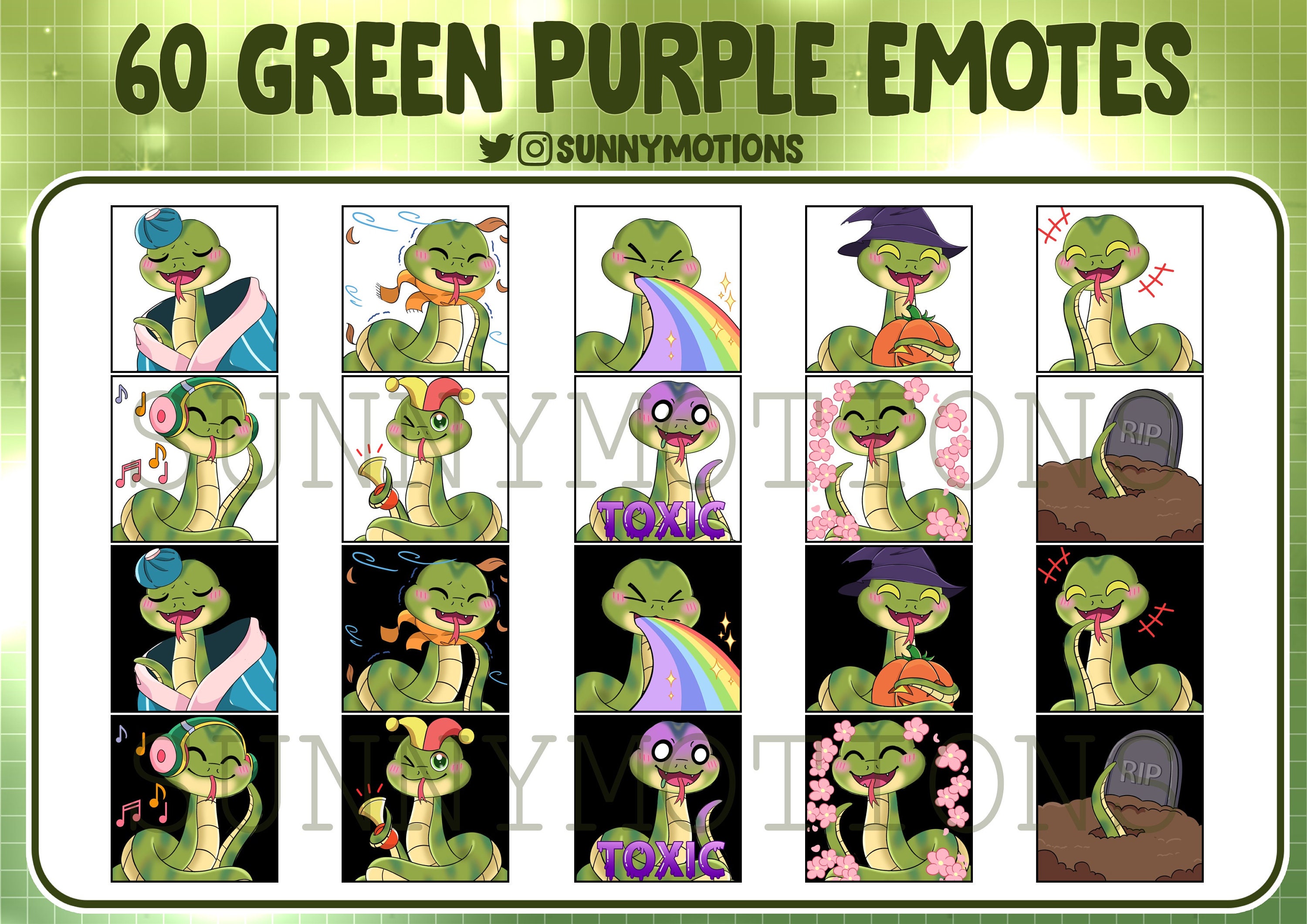 60x Cute Green Snake Twitch Emotes Bundle, Discord, Kawaii Snakes ...