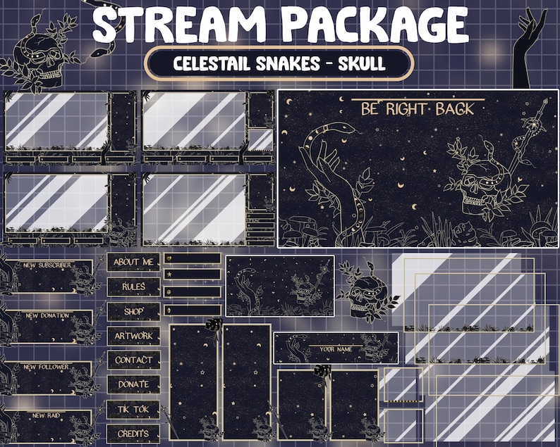 FULL ANIMATED Twitch Stream Package / Gold Celestial Snake Skull Screen ...