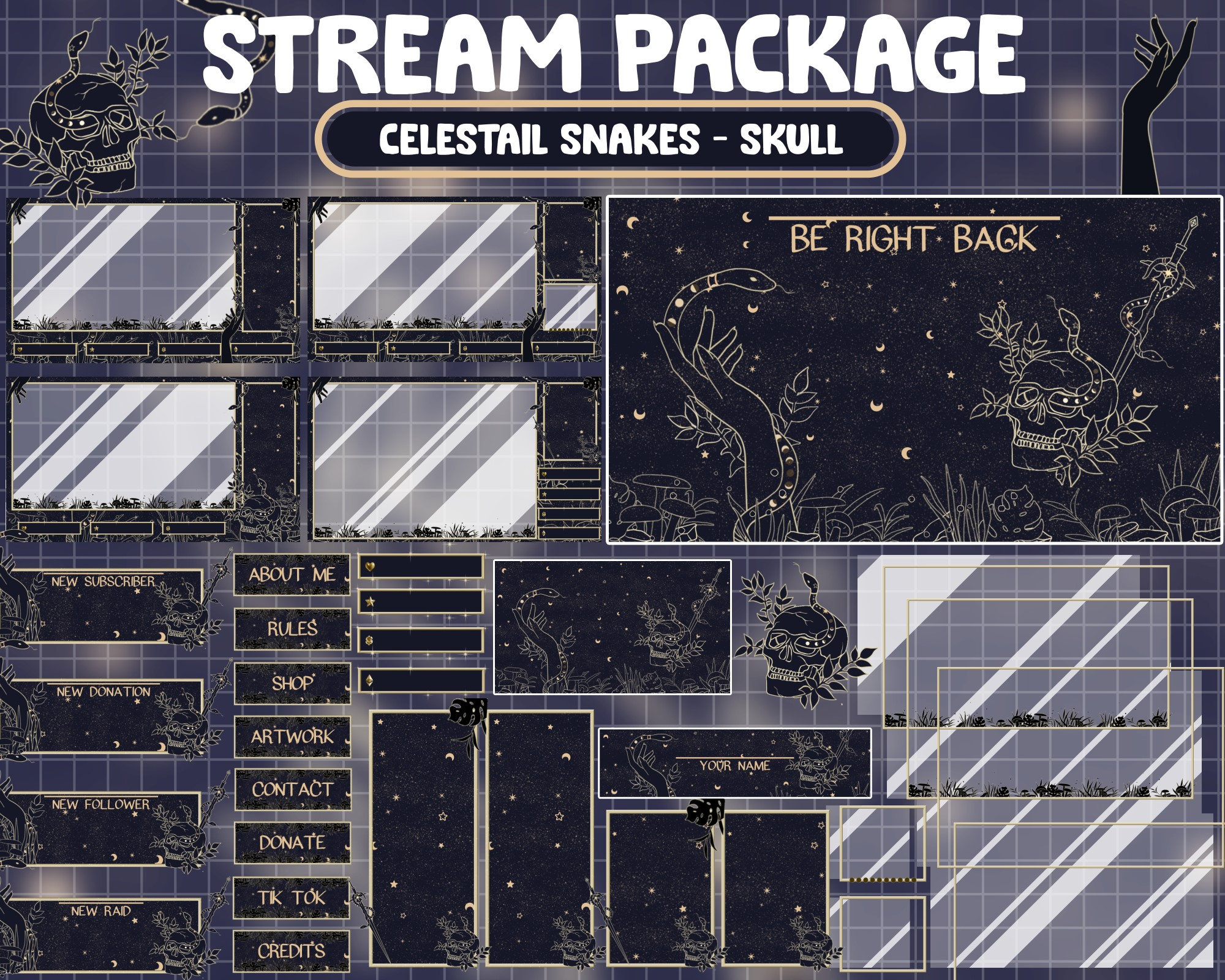 FULL ANIMATED Twitch Stream Package / Gold Celestial Snake Skull Screen ...