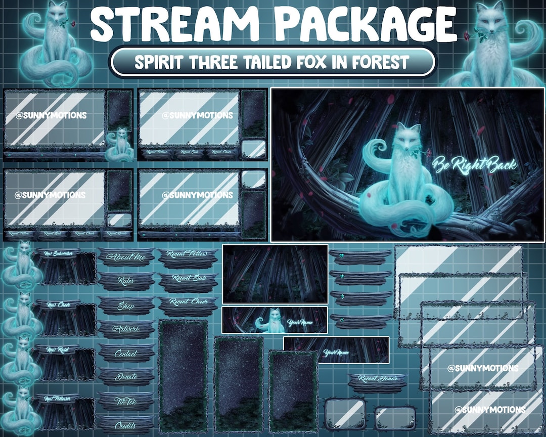 ANIMATED Twitch Stream Package: Spirit Three Tailed Fox Hold A Rose in ...