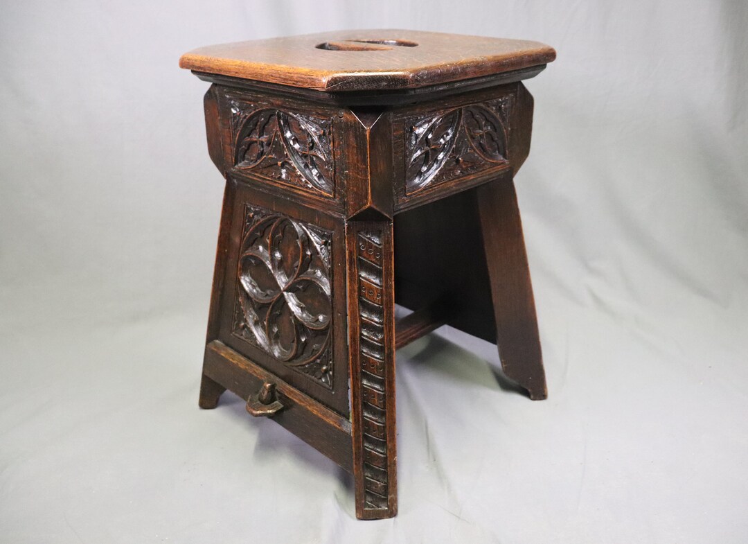 Antique Neo Gothic / Gothic Revivial 19th Century Solid Oak Stool or ...