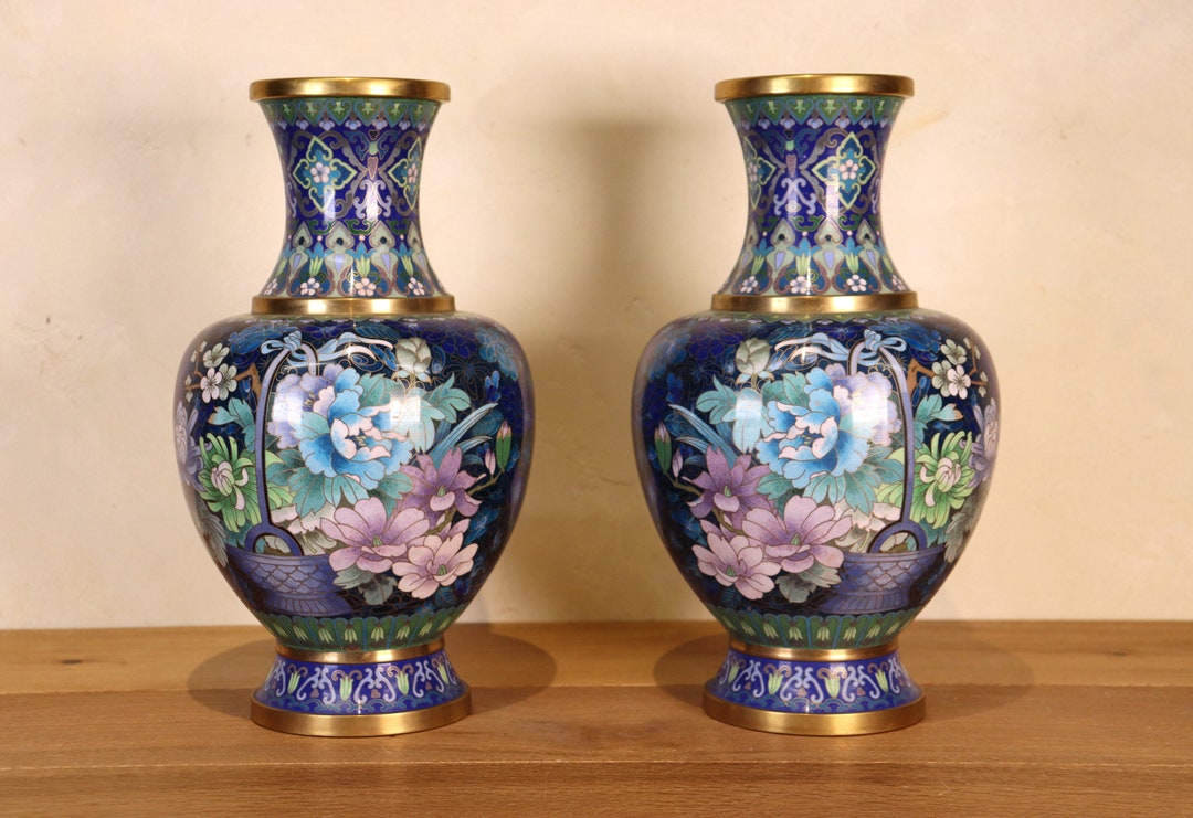 Impressive Pair of Chinese Cloisonné Enamel Vases by Jingfa Beijing (ST ...
