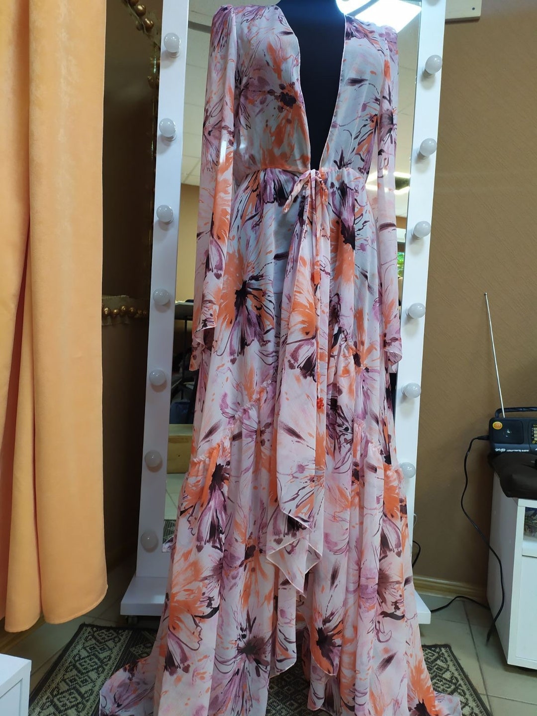 Ruffled Floral Print Tunic. Flowing Kimono With Ruffles. Long Sleeve ...