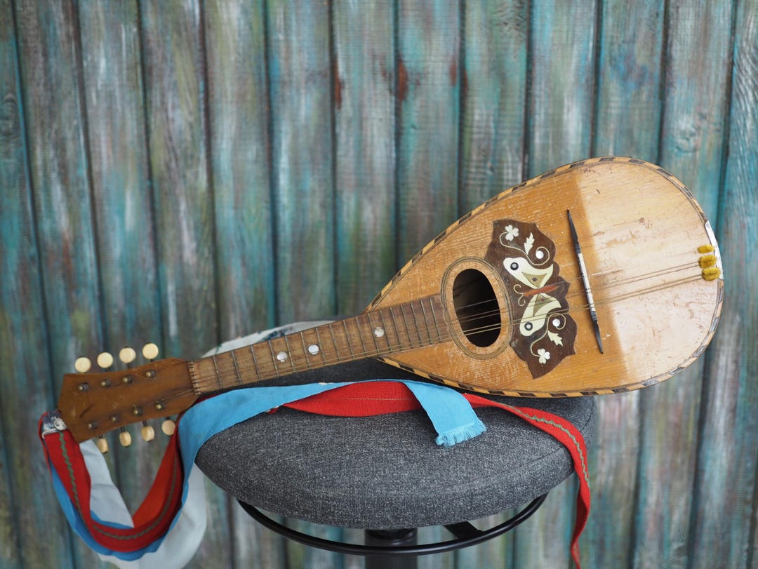 Vintage Italian Mandolin With Inlaid Butterfly Motif and Original Soft ...