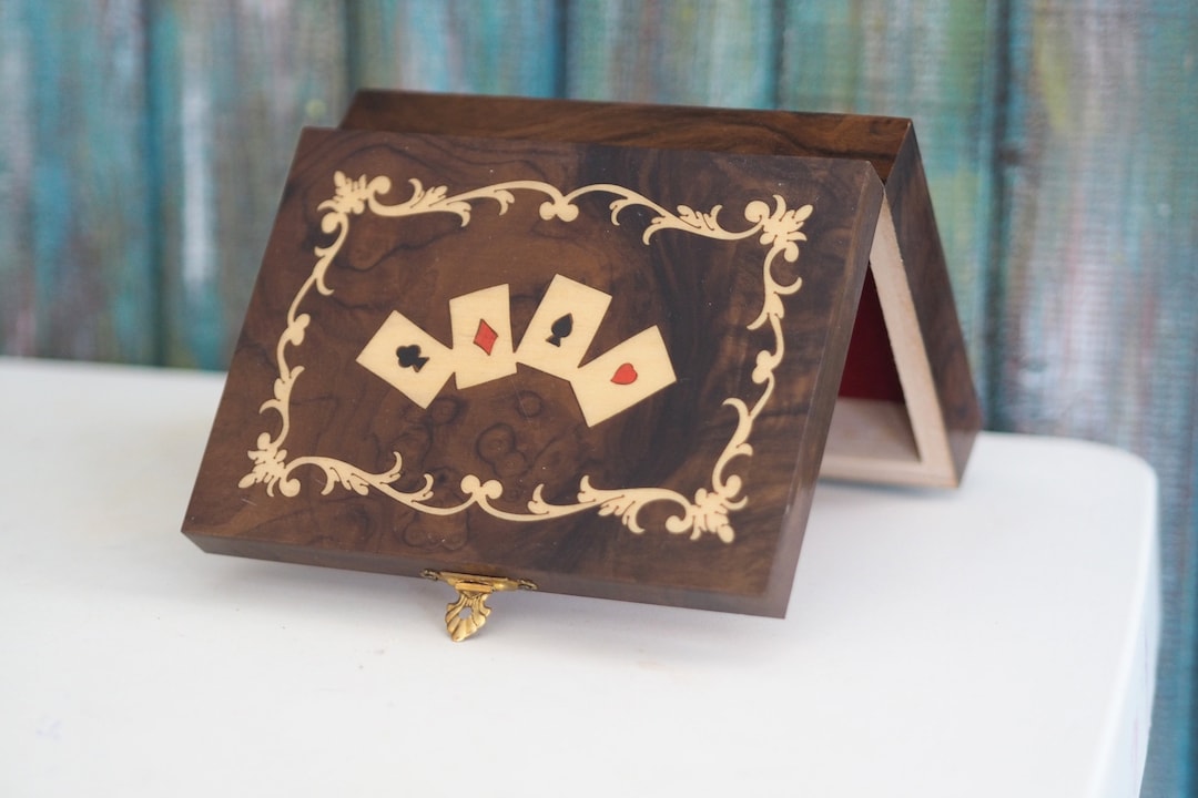 Playing Cards Inlayed Wooden Box, Vintage Italian Handmade Wood Box for ...
