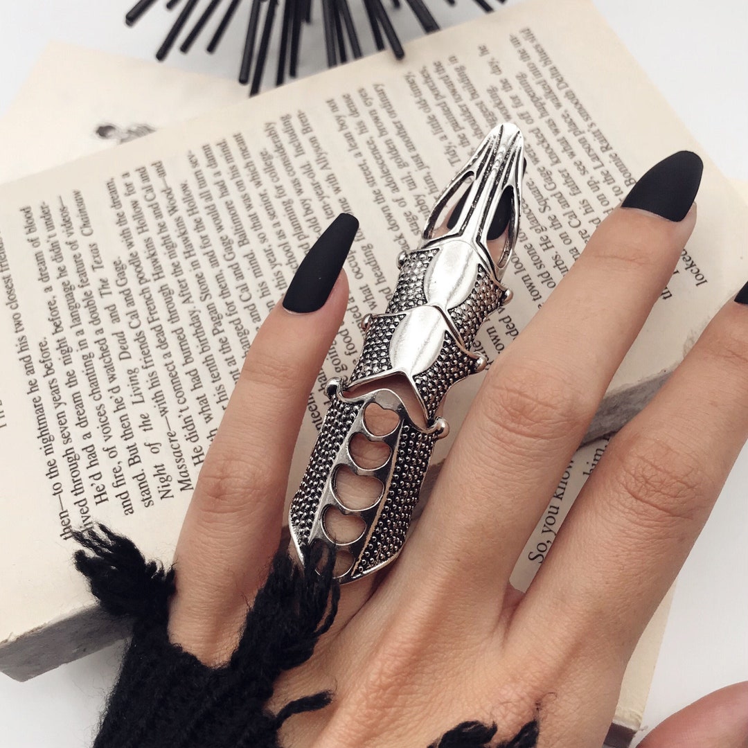 Goth Full Finger Ring Witchy Finger Claws Alt Jewelry Medieval Gothic Chunky Silver Claw Ring ...