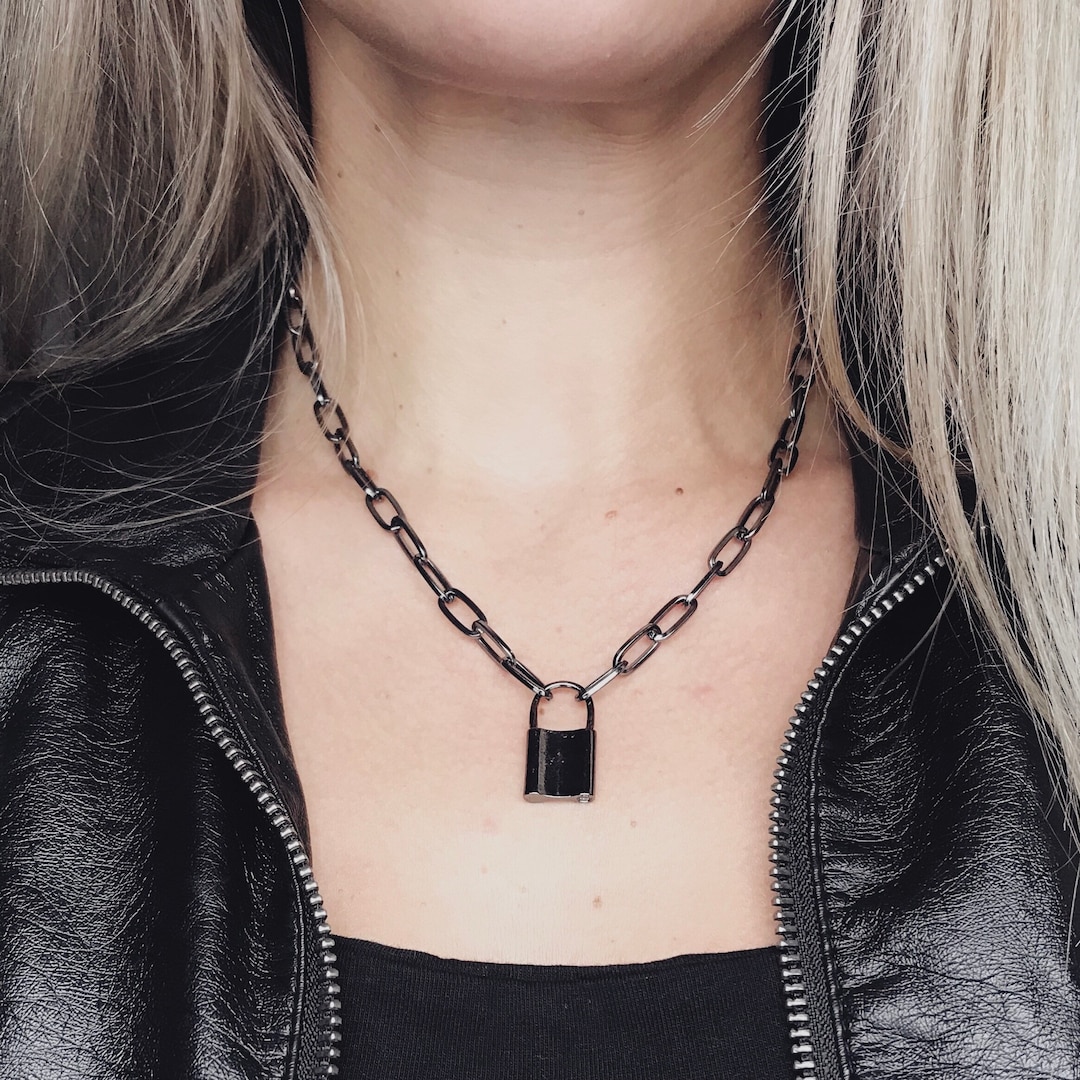 Gunmetal Padlock Necklace Gothic Lock Necklace Paperclip Chain Necklace ...