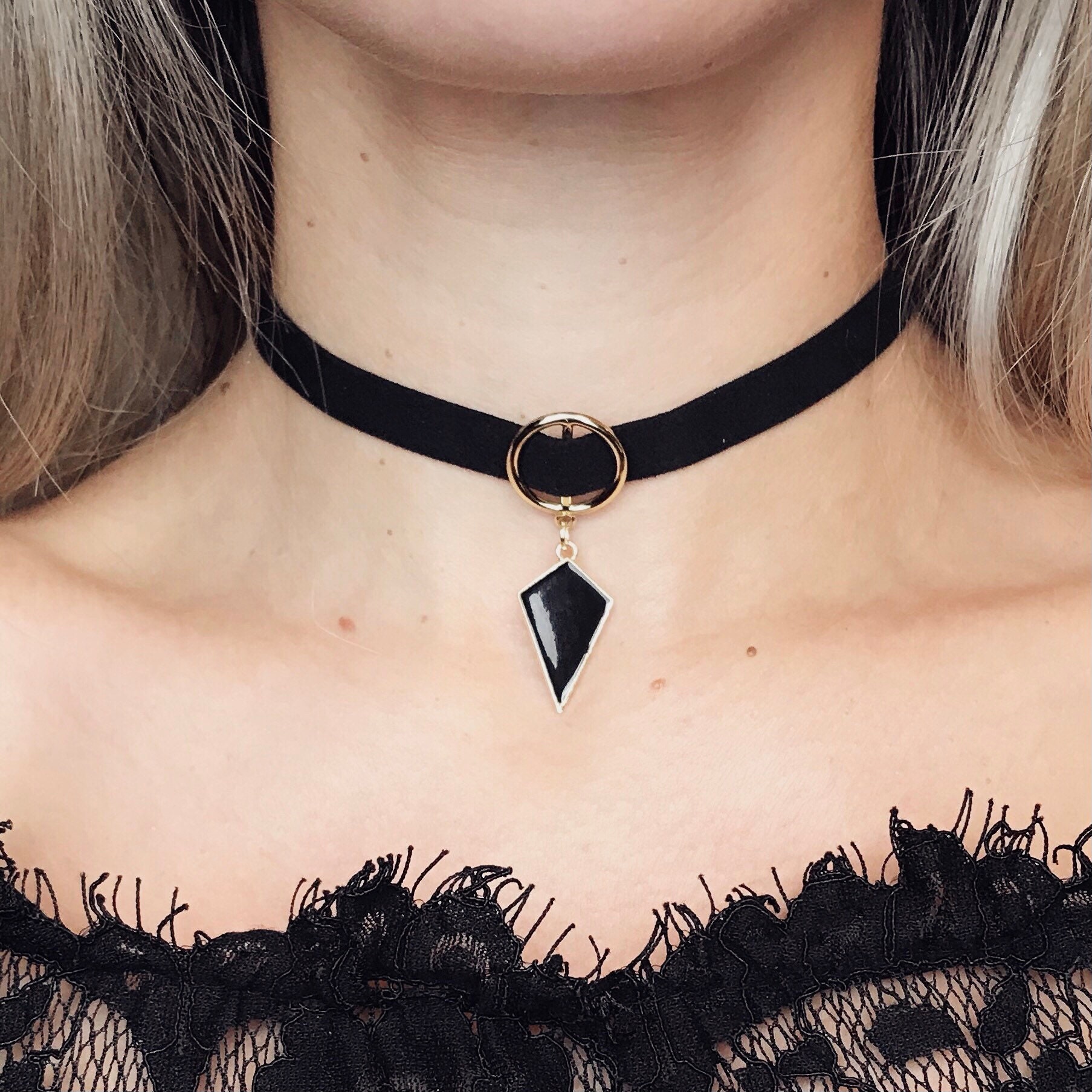 Geometric Charm Choker Black Suede Choker Black Pendant - Etsy